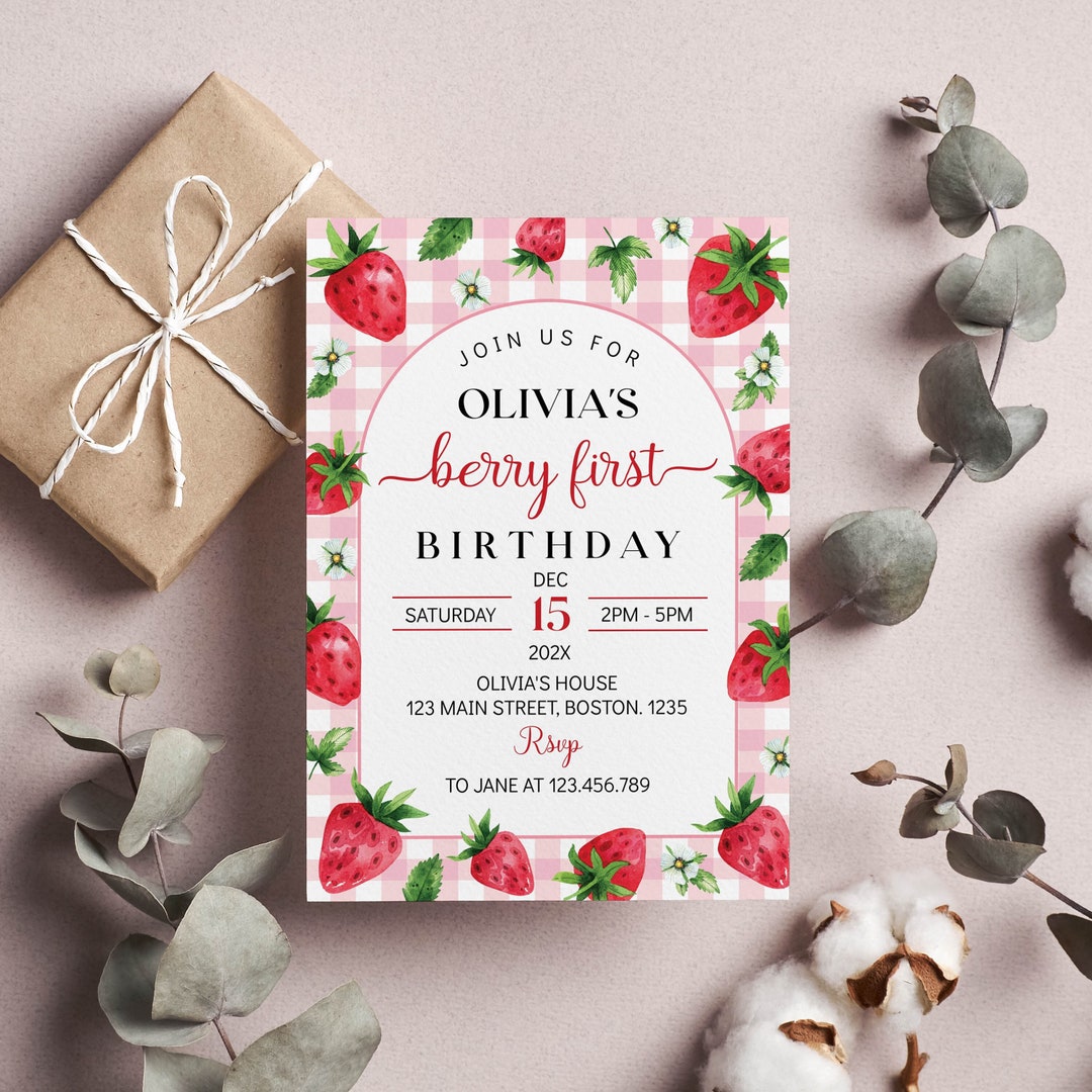 Editable Strawberry First Birthday Invitation, Berry First Birthday ...