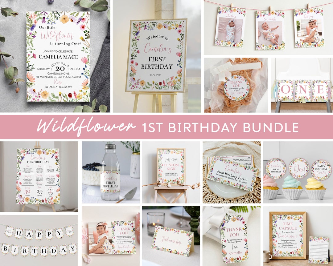 Wildflower First Birthday Invitation Bundle, Flower Birthday Party ...