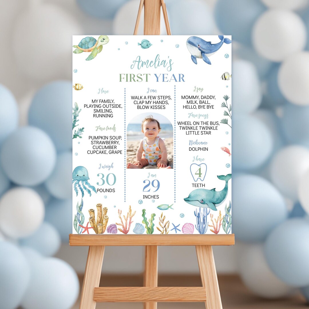 EDITABLE Under the Sea First Birthday Milestone Board, Oneder the Sea ...