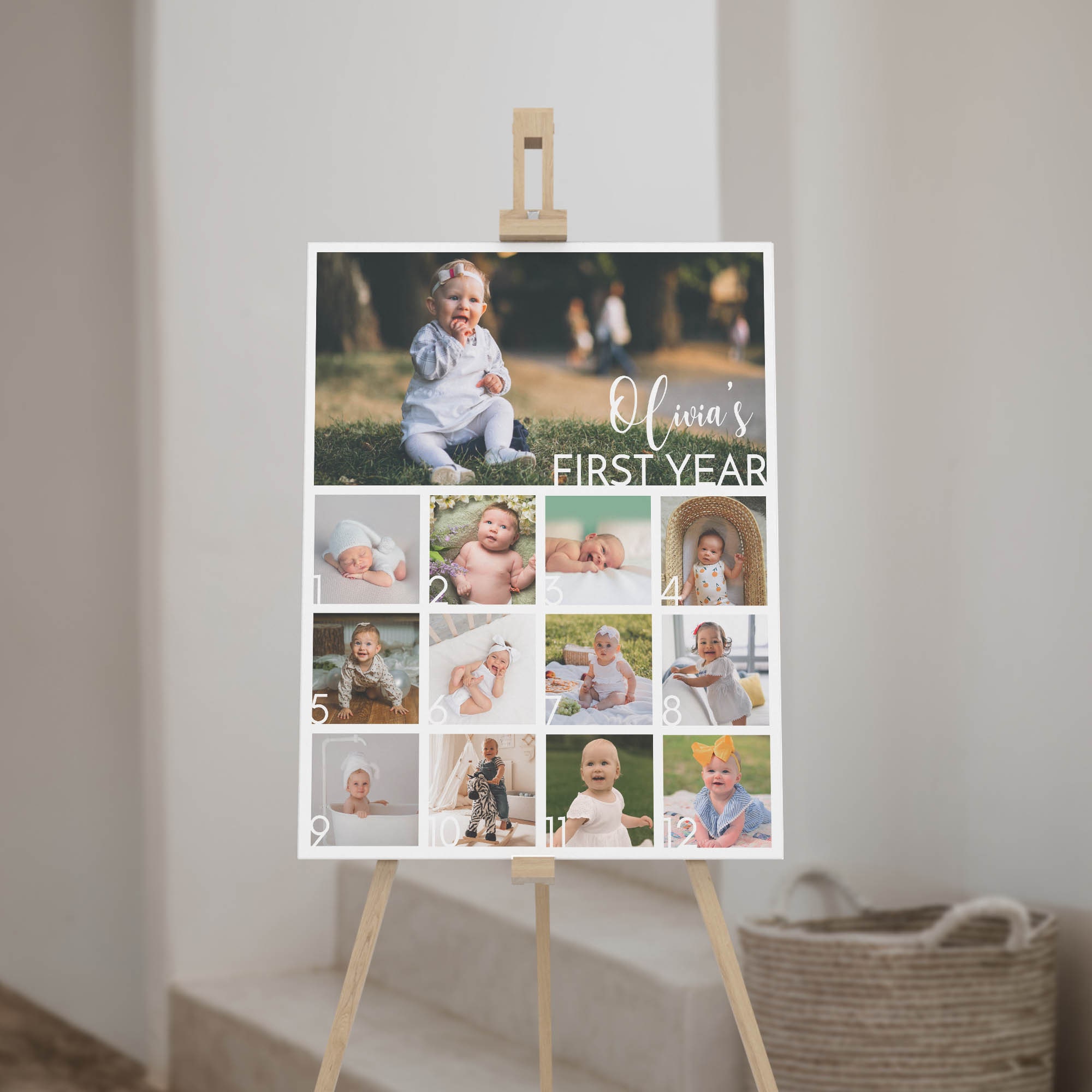 Editable First Year Photo Collage, Baby Monthly Photo Print, Minimal ...