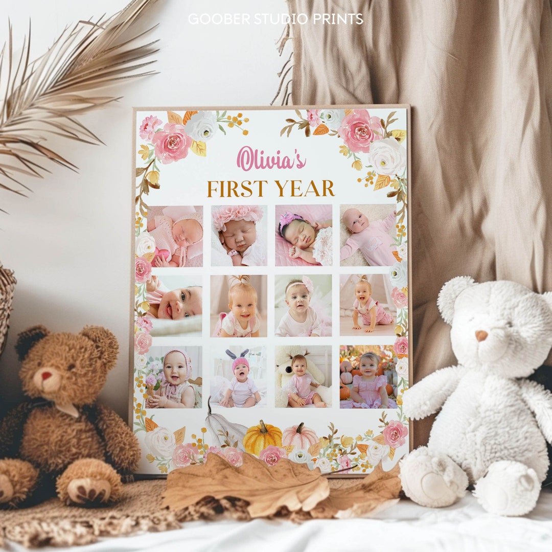 Editable First Year Photo Collage, 12 Month Boho Collage, Girl Birthday ...