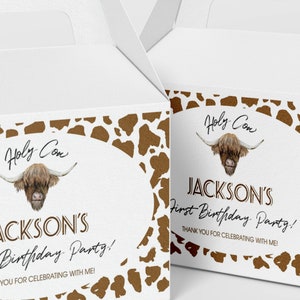 EDITABLE Holy Cow I'm One Gable Gift Box Label, Cow Birthday Party ...