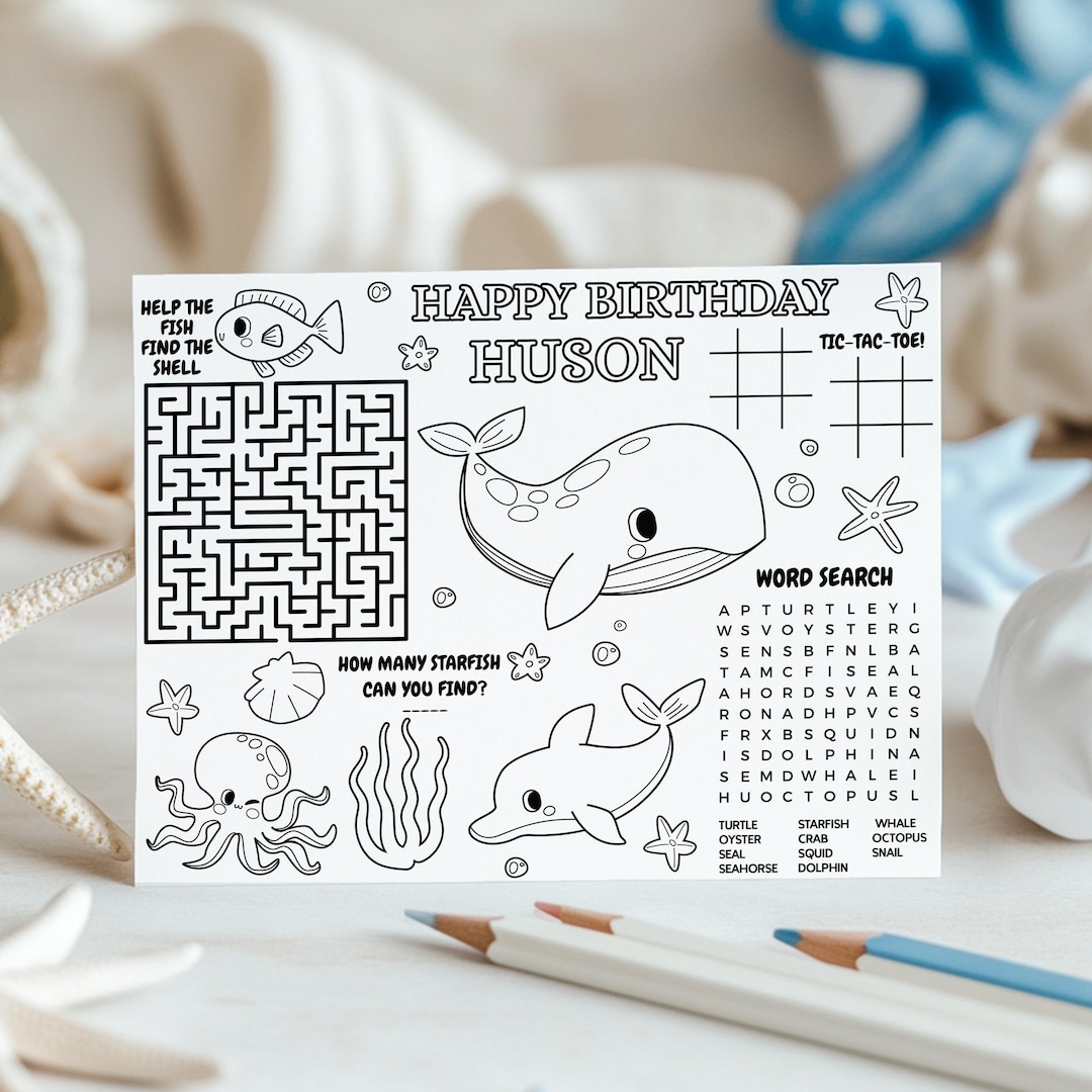 EDITABLE Under the Sea Birthday Coloring Placemat, Ocean Animals ...
