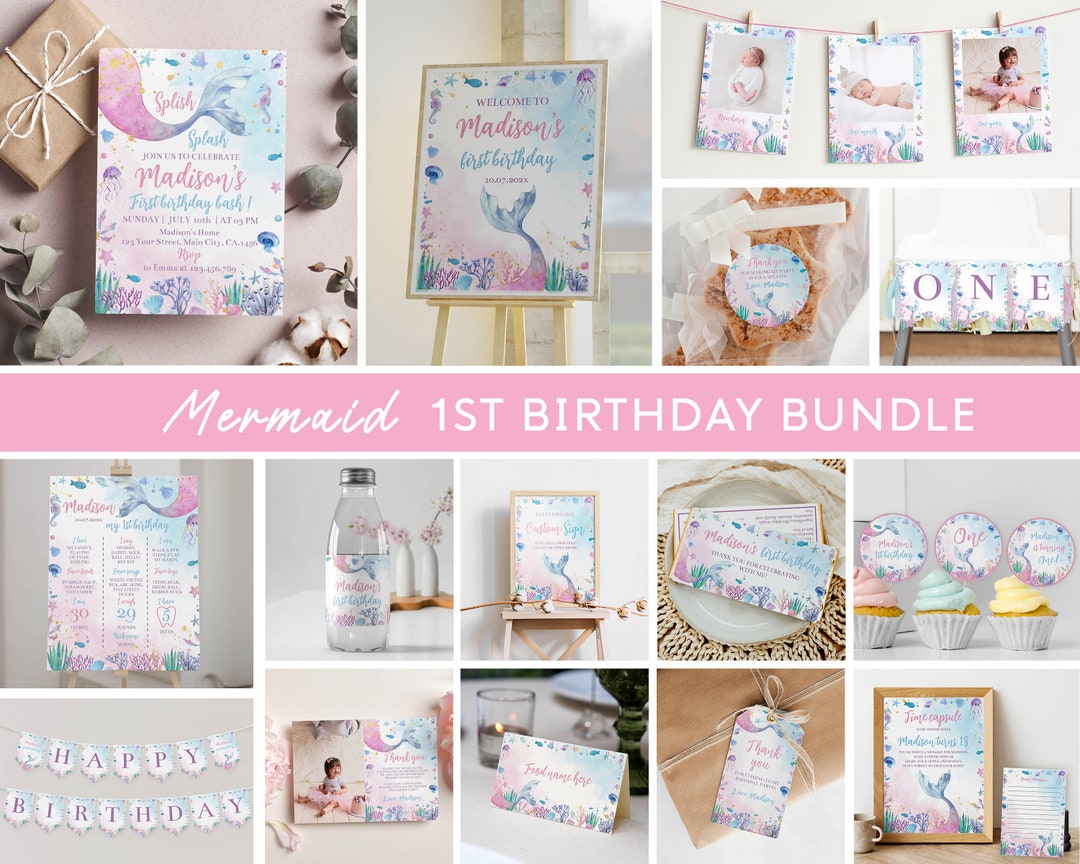 Editable Mermaid 1st Birthday Invitation Bundle, Under the Sea 1st ...