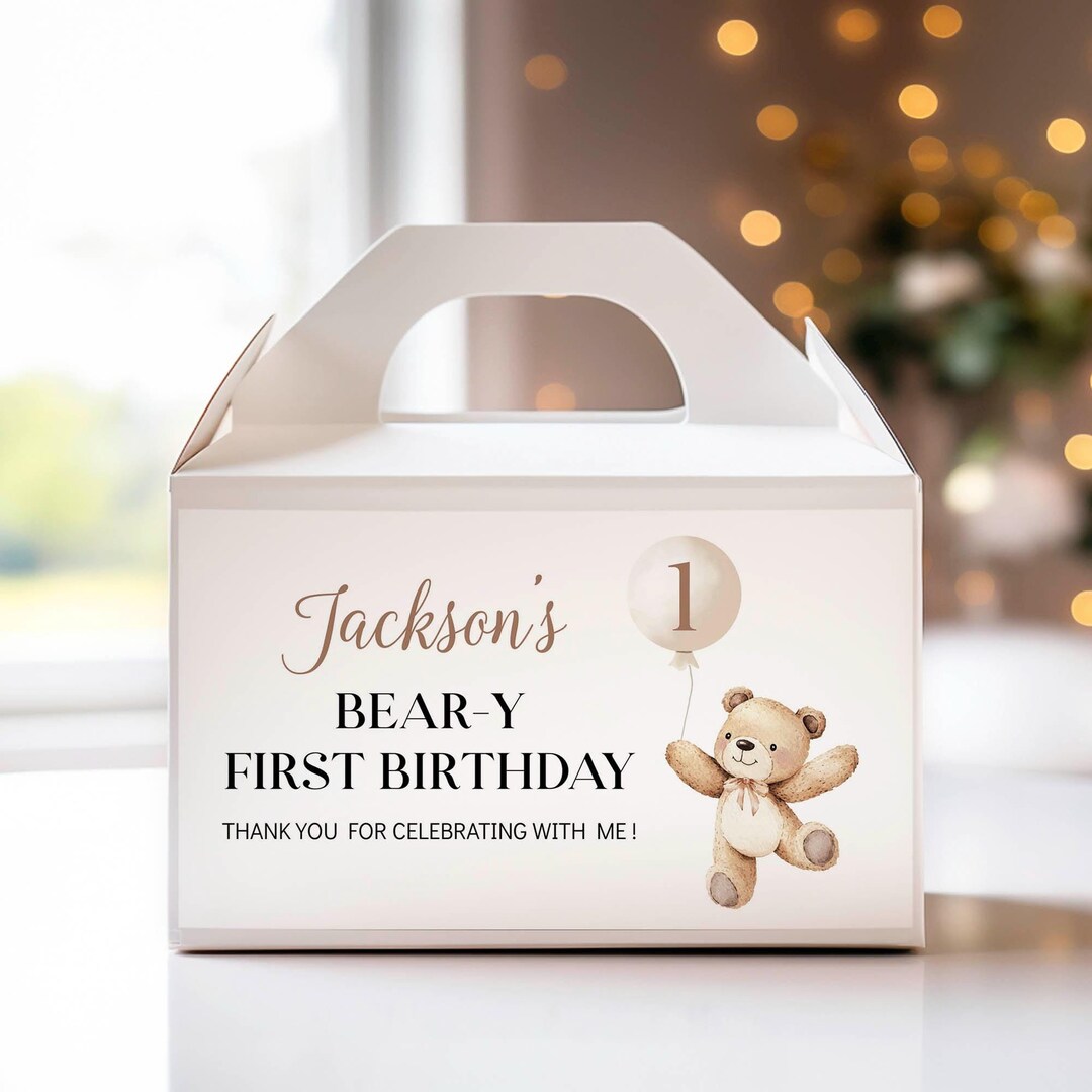 EDITABLE Bear Birthday Party Gable Gift Box Label, Beary 1st Birthday ...