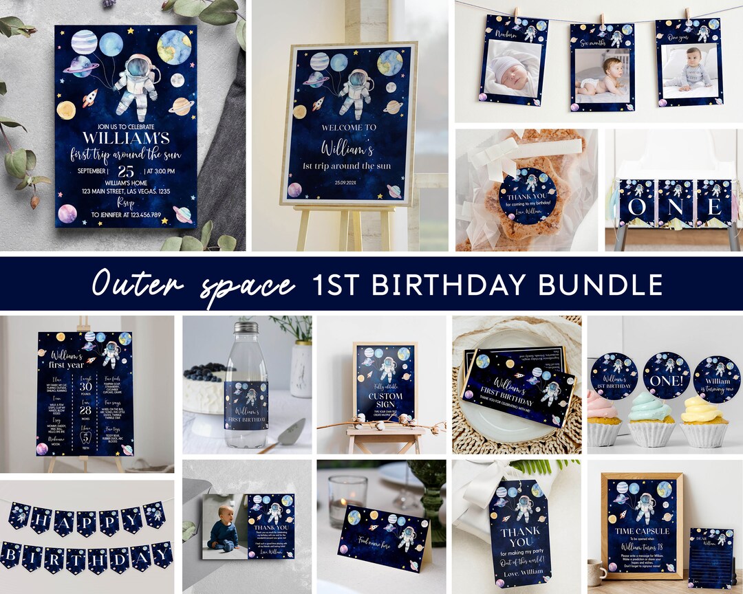 1st Trip Around the Sun Birthday Invitation Bundle, Outer Space First Birthday Party Decor ...