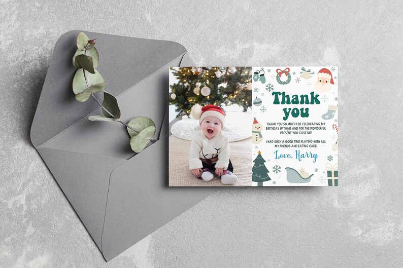 EDITABLE Christmas Birthday Party Photo Thank You Card Winter - Etsy