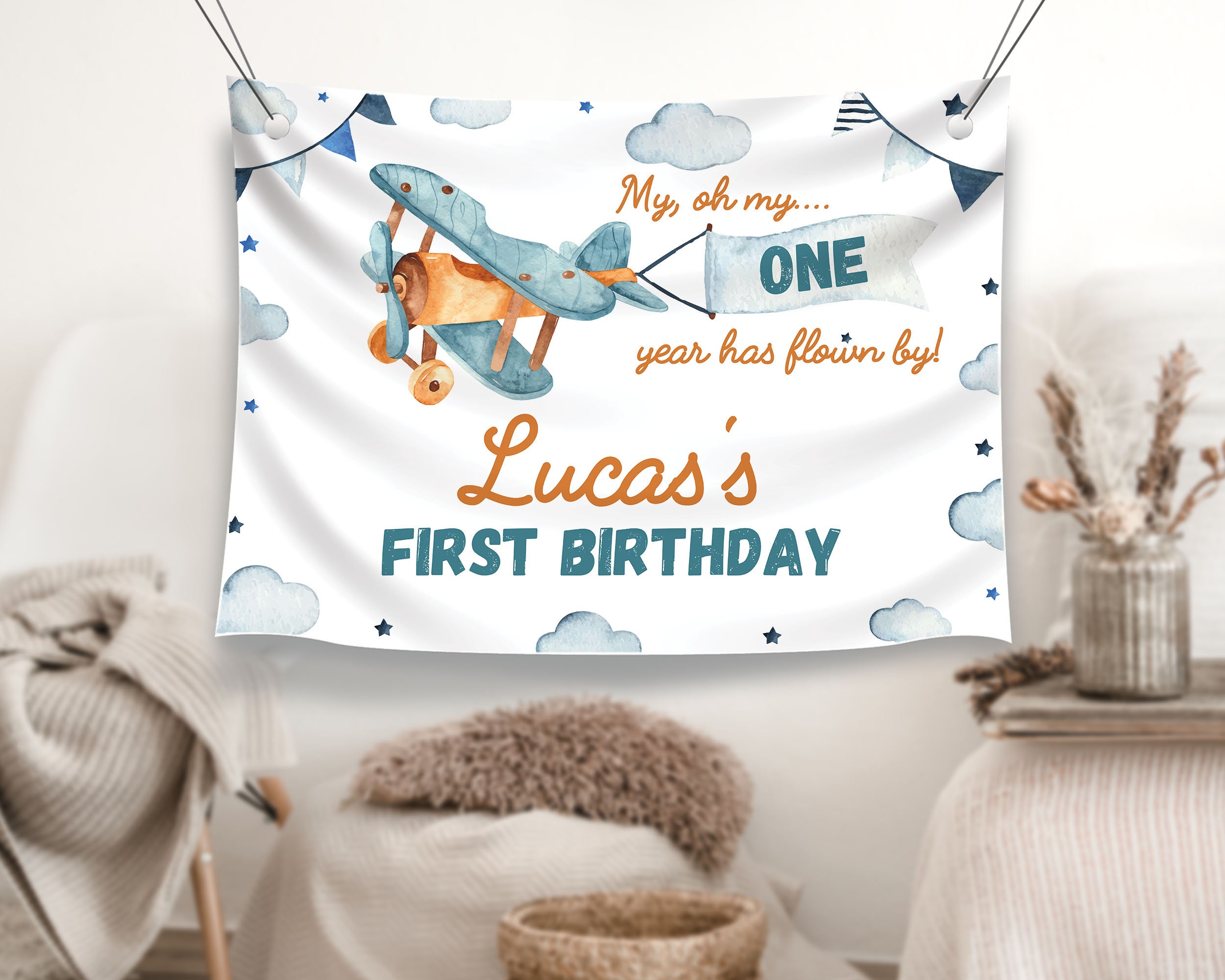 EDITABLE Vintage Airplane Birthday Backdrop Time Flies - Etsy