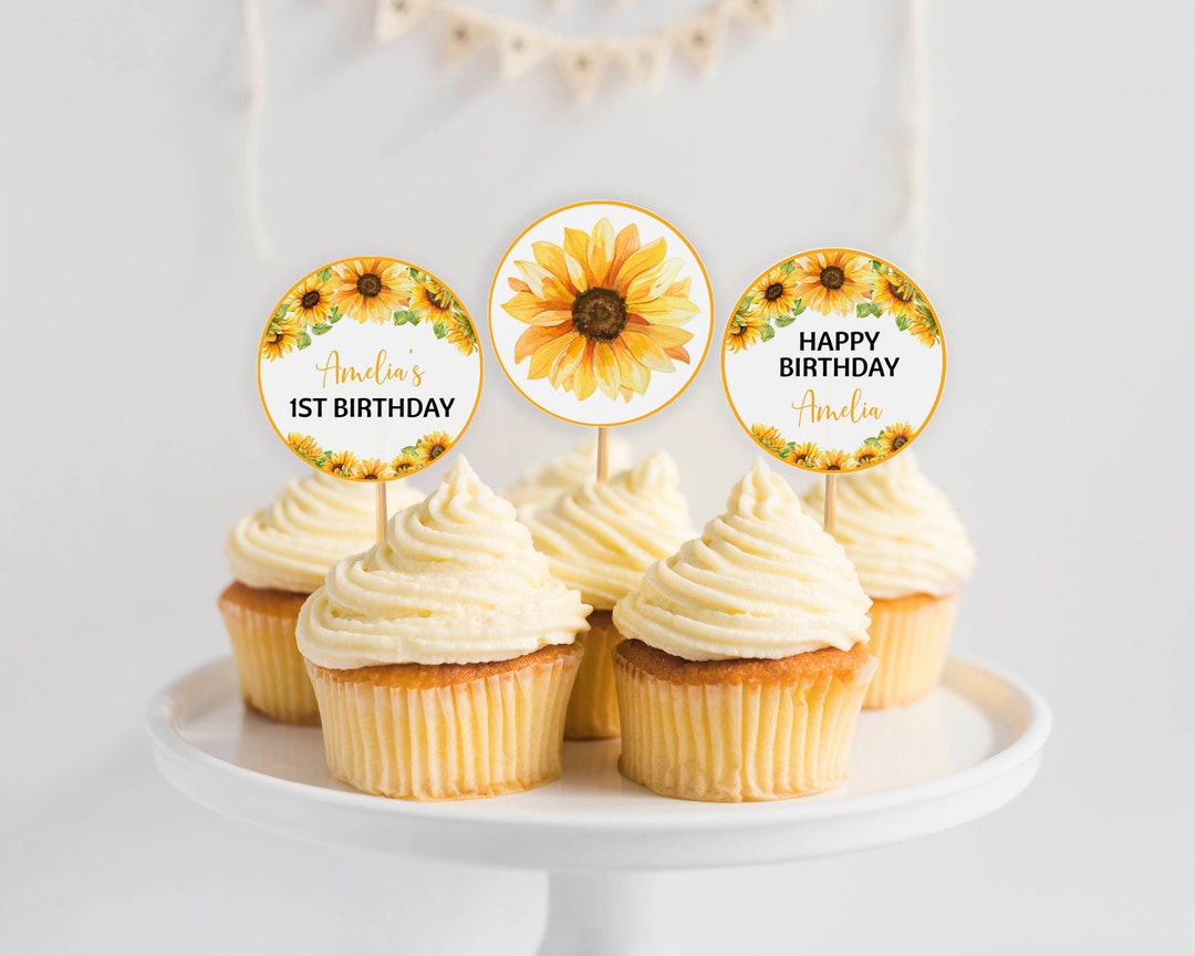 Editable Sunflower Cupcake Topper, Boho Sunflower Birthday Cupcake ...