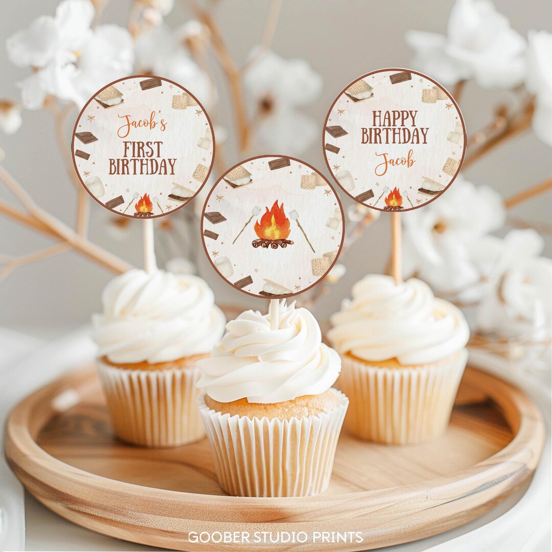 Smores Birthday Cupcake Toppers, Camping Party Decor, Bonfire Birthday ...