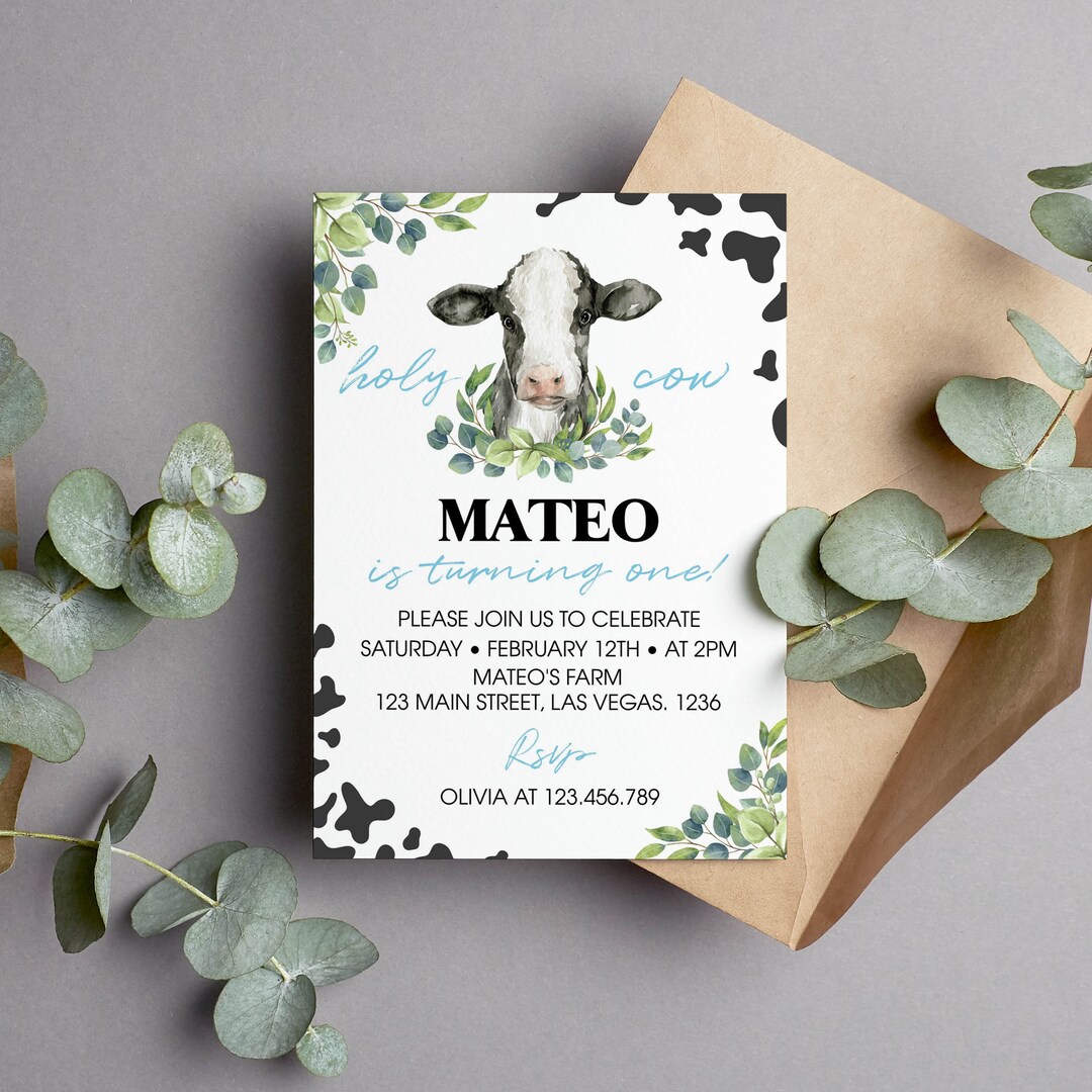 EDITABLE Holy Cow I'm One Invitation, Cow First Birthday Invitation ...