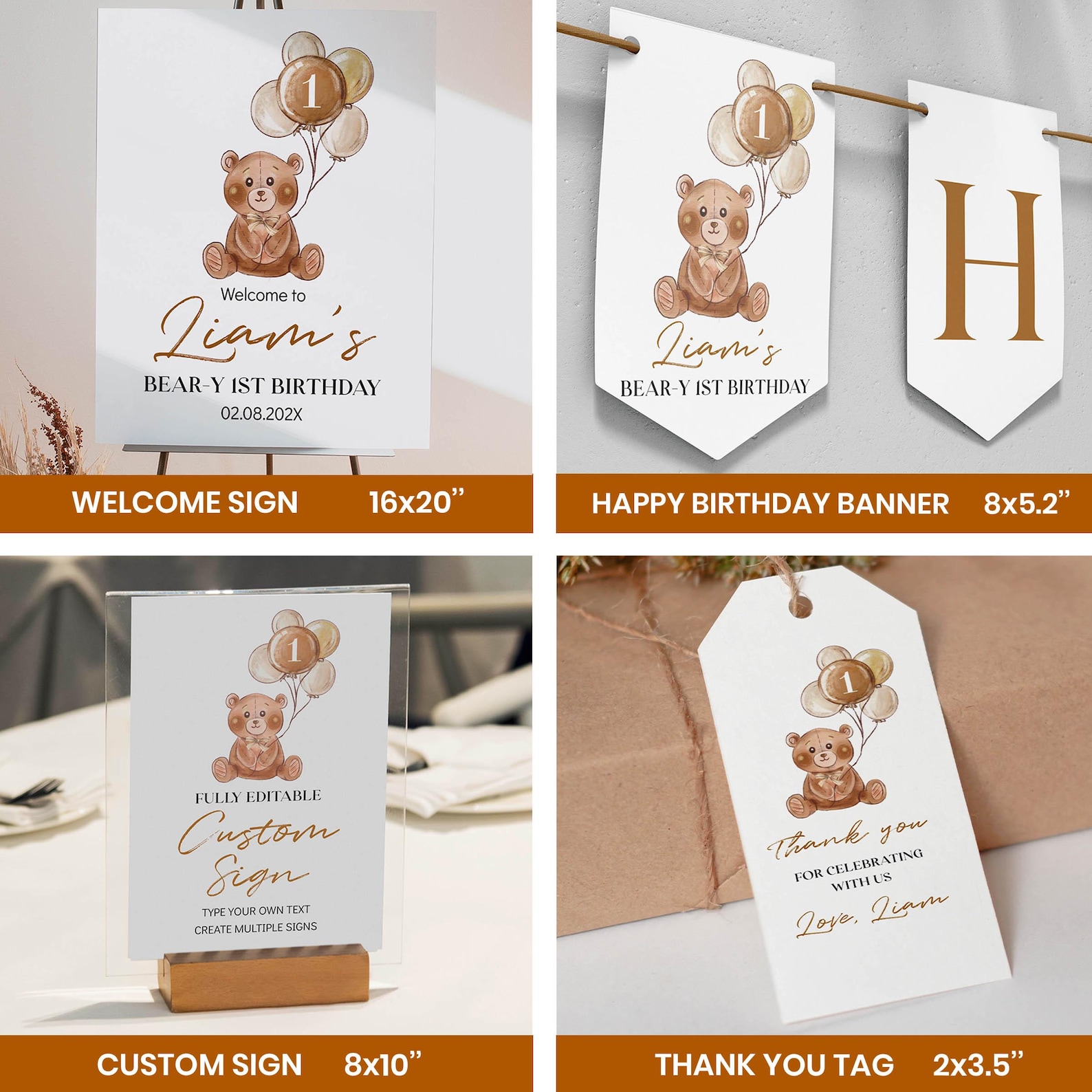 Editable Beary First Birthday Invitation Set, Neutral Bear 1st Birthday ...
