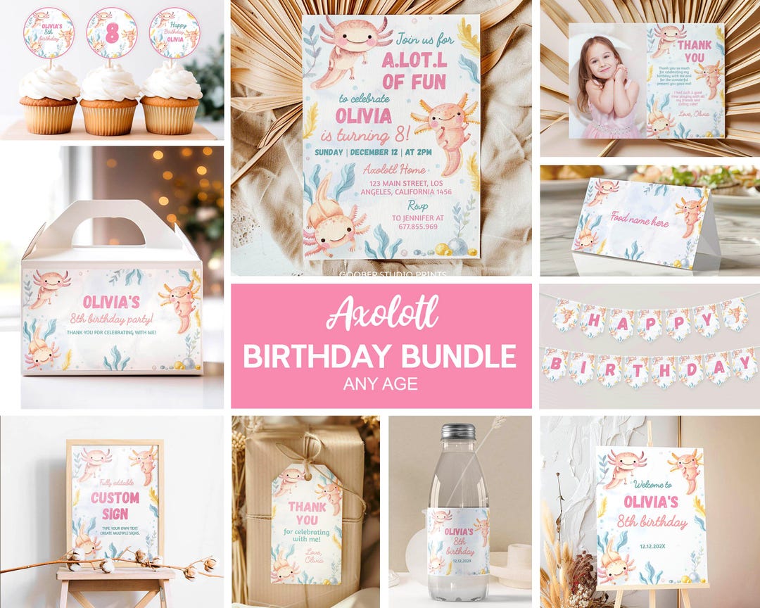 Editable Axolotl Birthday Invitation Bundle, Cute Axolotl Party ...