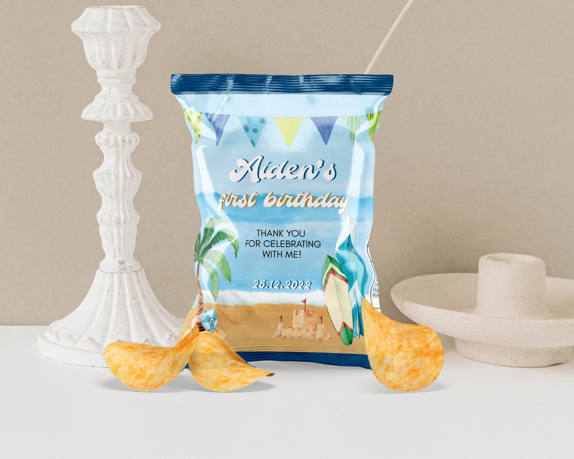 EDITABLE Surf Birthday Party Chip Bag the Big One Wave - Etsy