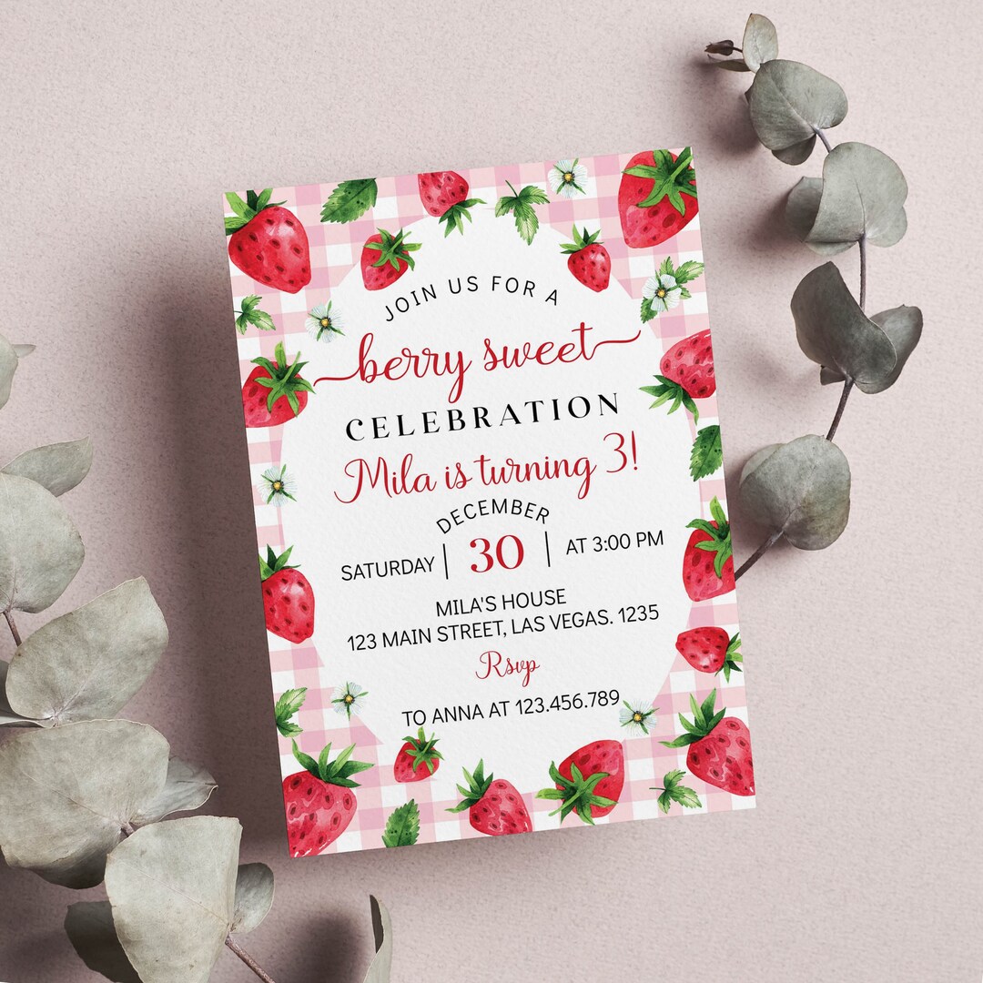 Editable Strawberry Third Birthday Invitation, Girl Birthday Party ...