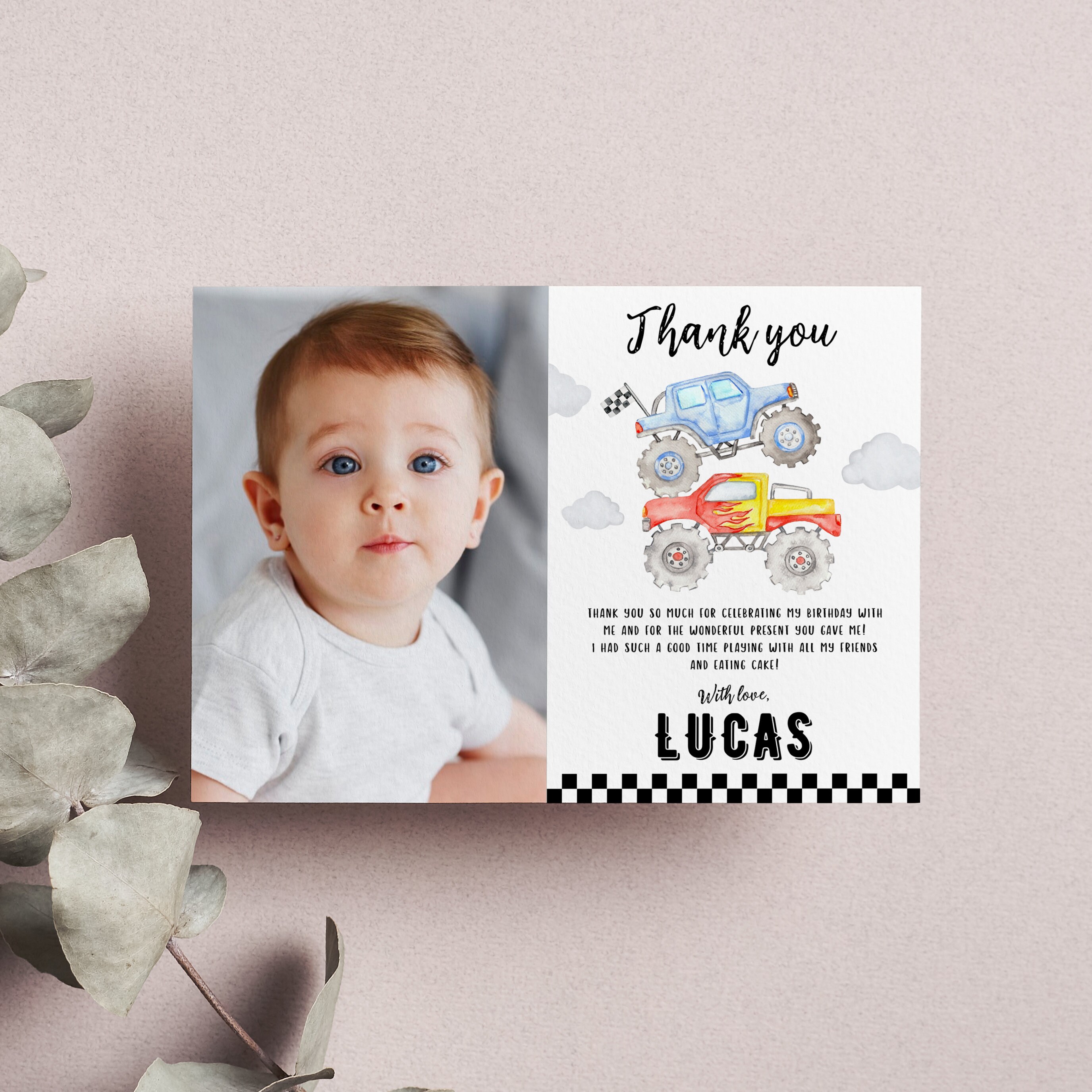 Monster Truck Birthday Photo Thank You Card Monster Trucks - Etsy