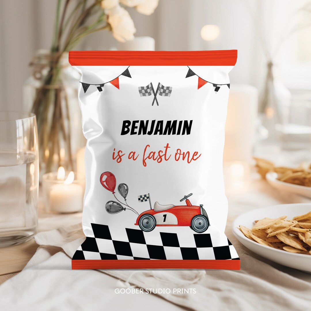 EDITABLE Fast One Birthday Chip Bags, Race Car Party Favor Bags, Boy ...