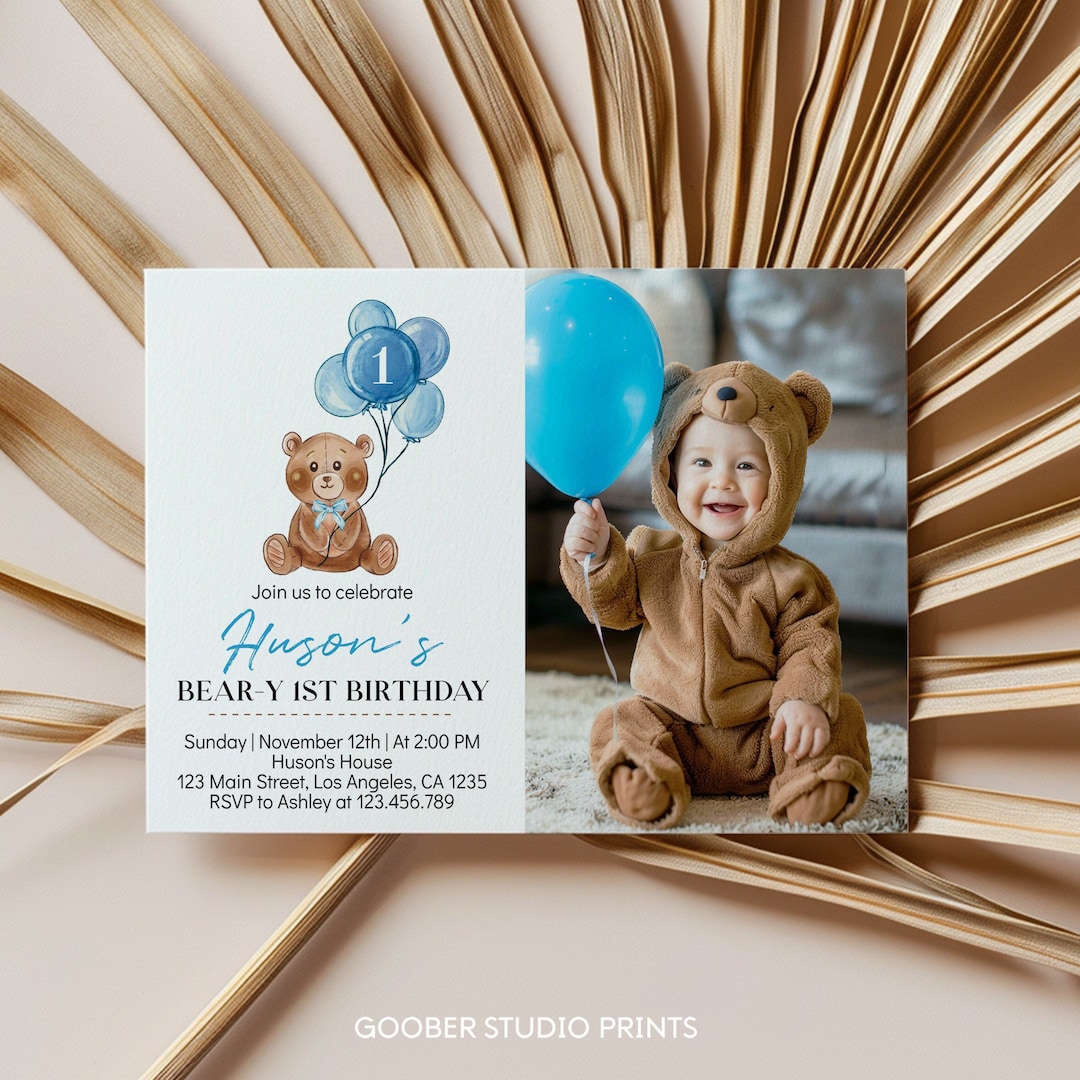EDITABLE Beary First Birthday Invitation, Bear Birthday Invitation ...
