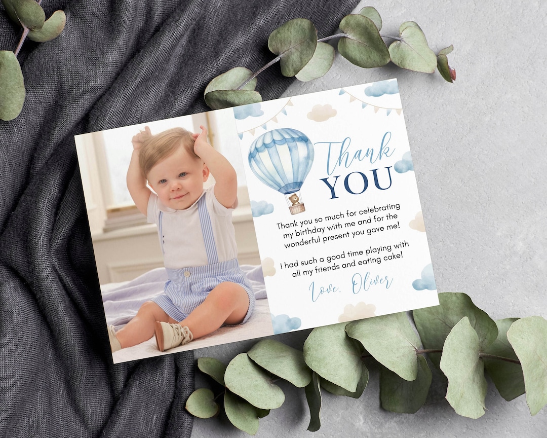 EDITABLE Teddy Bear Birthday Thank You Card, Hot Air Balloon Birthday ...