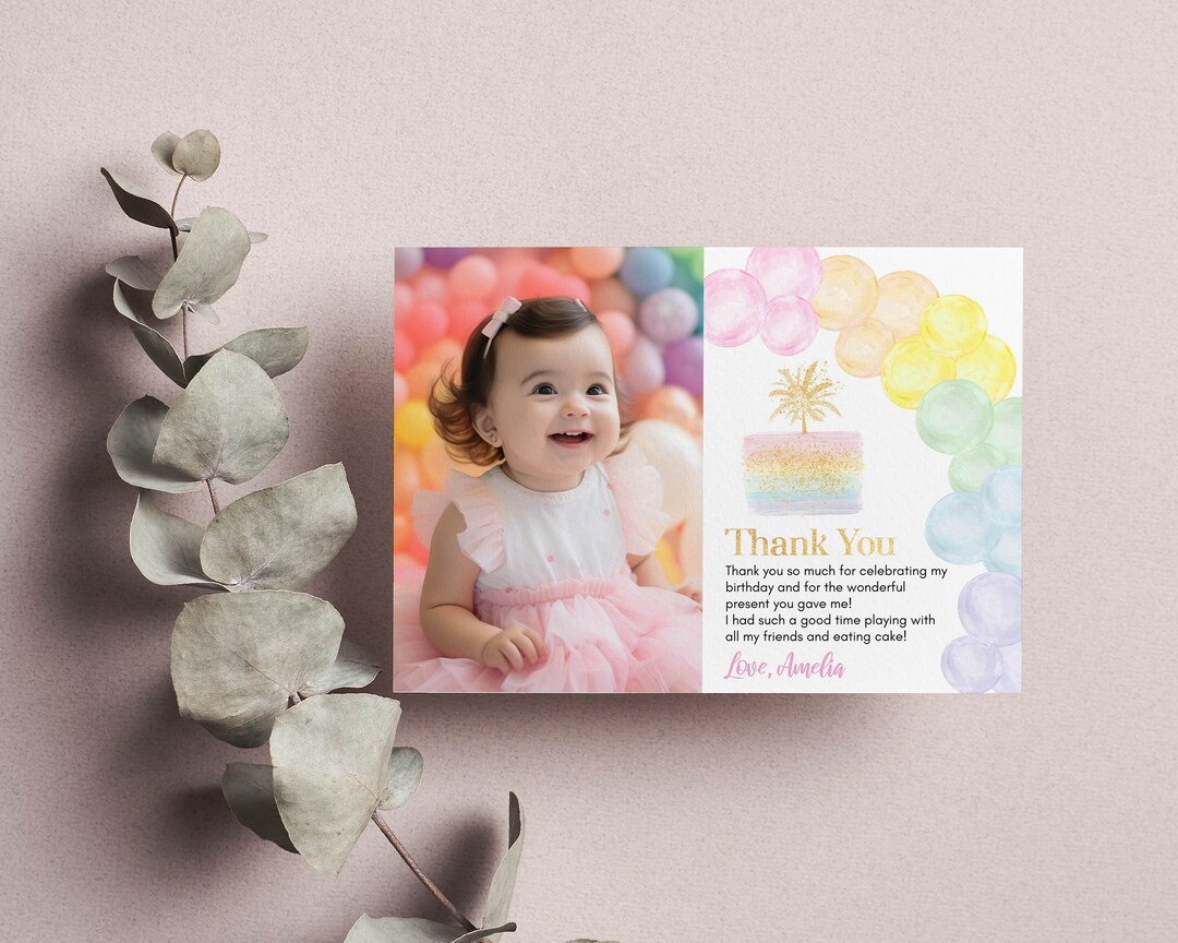 EDITABLE Pastel Rainbow Birthday Thank You Card, Pastel Picture Thank ...