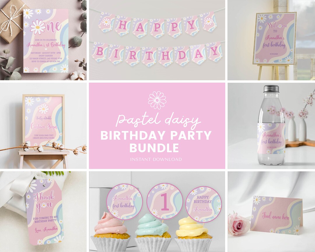 Editable Pastel Daisy 1st Birthday Invitation Bundle, Little Miss ...
