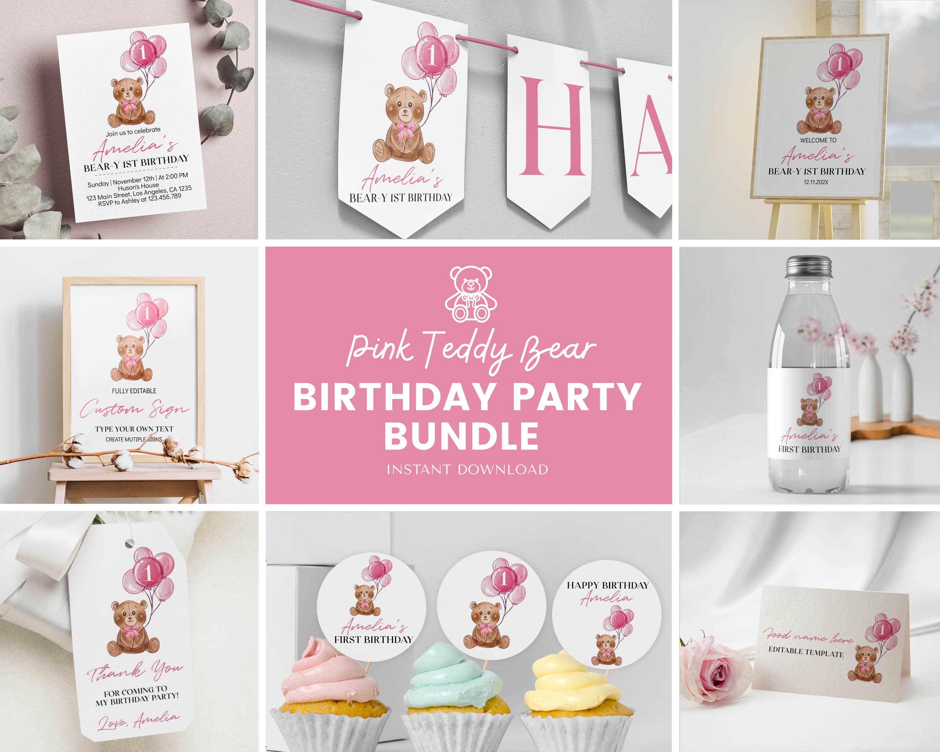 Editable Beary First Birthday Invitation Bundle Teddy Bear - Etsy