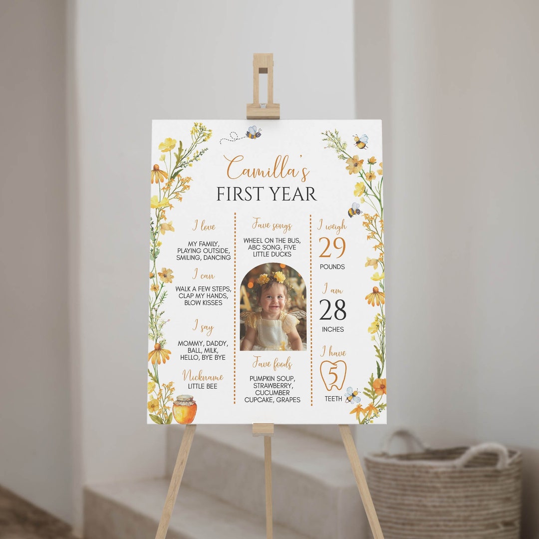 EDITABLE Bee First Birthday Milestone Photo Sign, First Bee Day ...