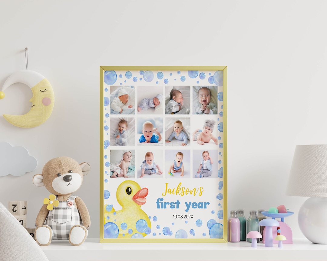 Editable First Year Photo Collage, Rubber Duckie First Year Poster, 12 ...