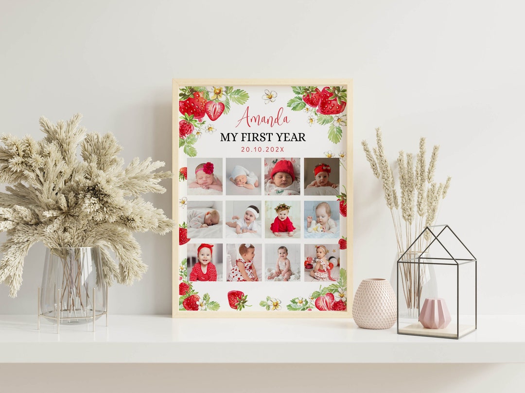 Editable First Year Photo Collage, Monthly Photo Print, Strawberry ...