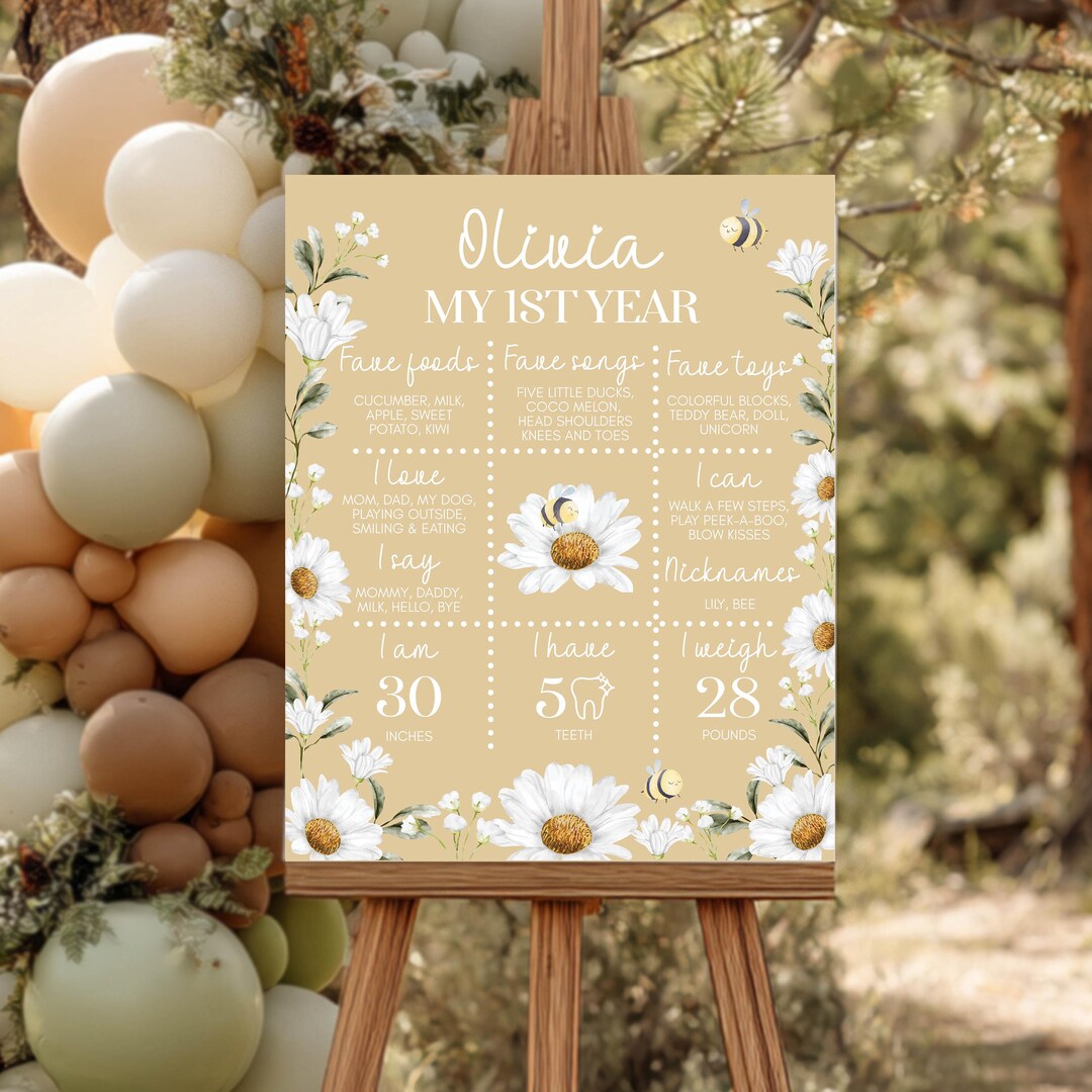 Daisy Bee First Birthday Milestone Board, First Bee Day Baby First Year ...