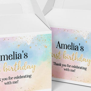 EDITABLE Pastel Rainbow Gable Gift Box Label, Watercolor Rainbow 1st ...