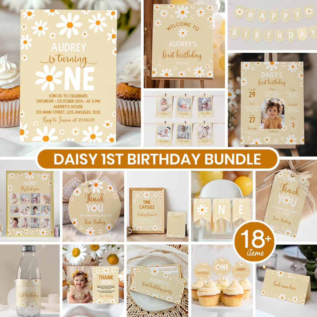 Editable Daisy First Birthday Invitation Bundle, Daisy Birthday Party ...