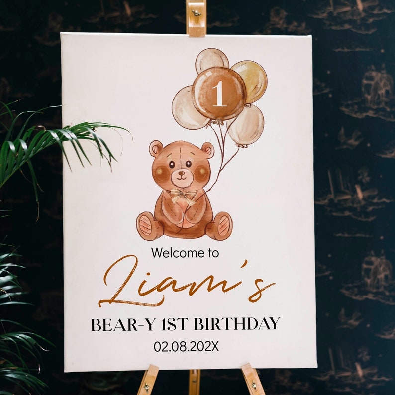 EDITABLE Beary First Birthday Welcome Sign Teddy Bear - Etsy