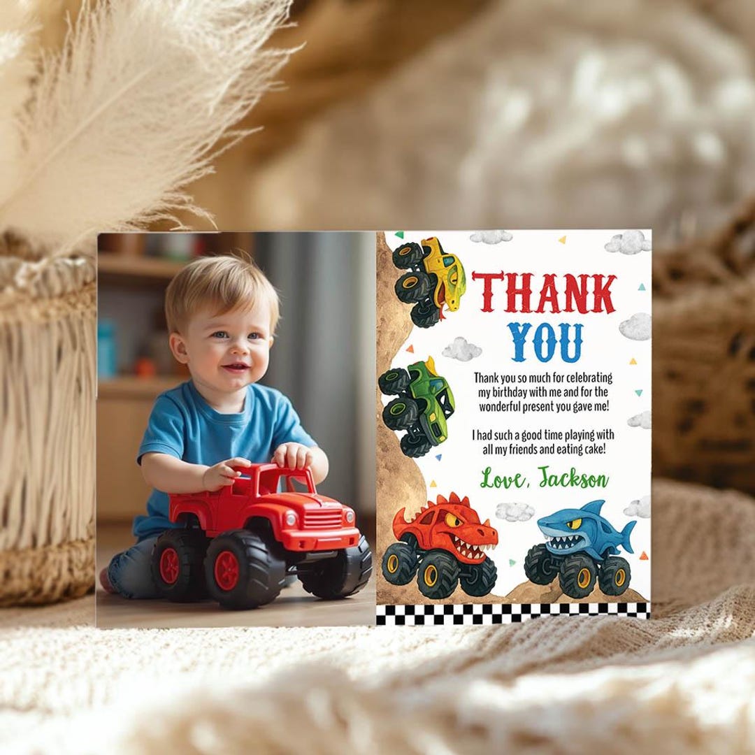 Editable Monster Truck Birthday Photo Thank You Card, Monster Trucks ...