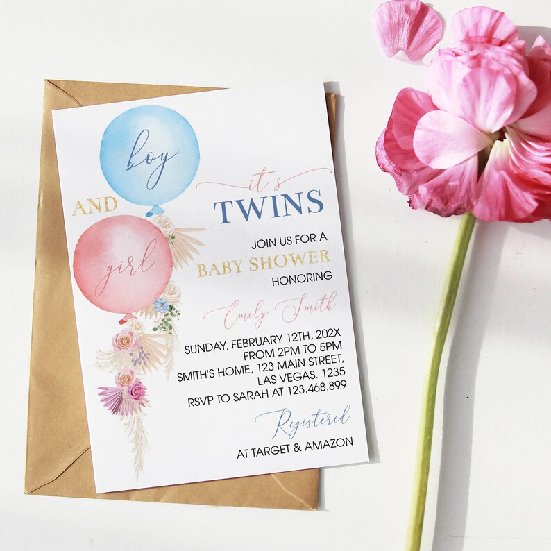 EDITABLE Twin Baby Shower Invitation Boy and Girl Boho Twins | Etsy