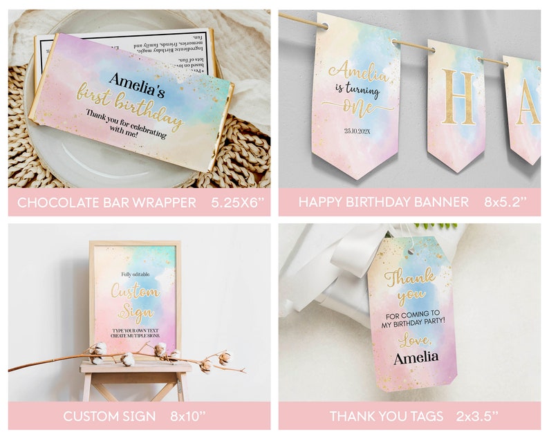 Editable Pastel Rainbow Birthday Invitation Bundle Watercolor - Etsy