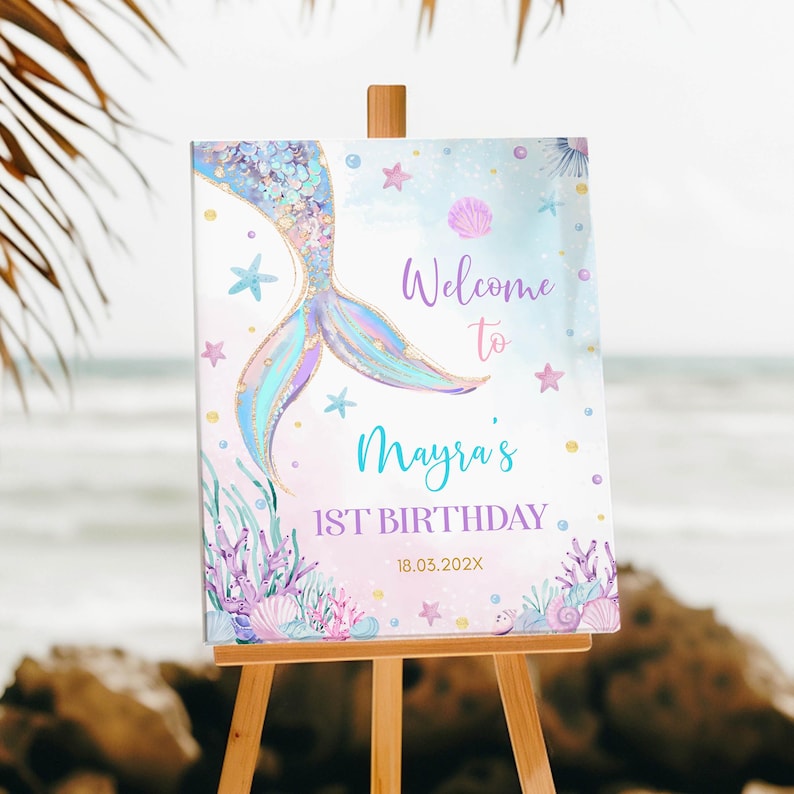 EDITABLE Mermaid Birthday Welcome Sign, Under the Sea Birthday Sign ...