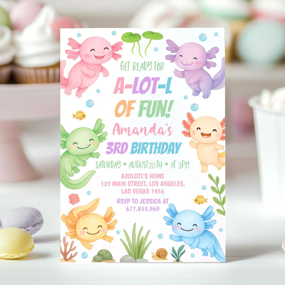 Axolotl Birthday Invitation, Fun Axolotl Birthday Invitation Template ...