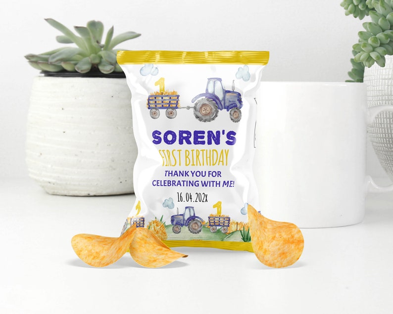 EDITABLE Tractor Birthday Chip Bag Farm Chip Bag Blue - Etsy