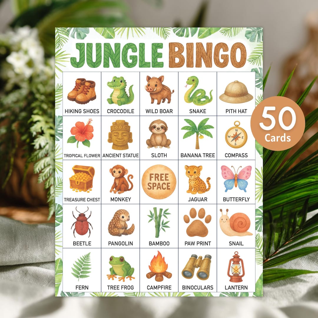 Jungle Bingo Game Printable, Safari Animal Bingo Set for Kids Party ...