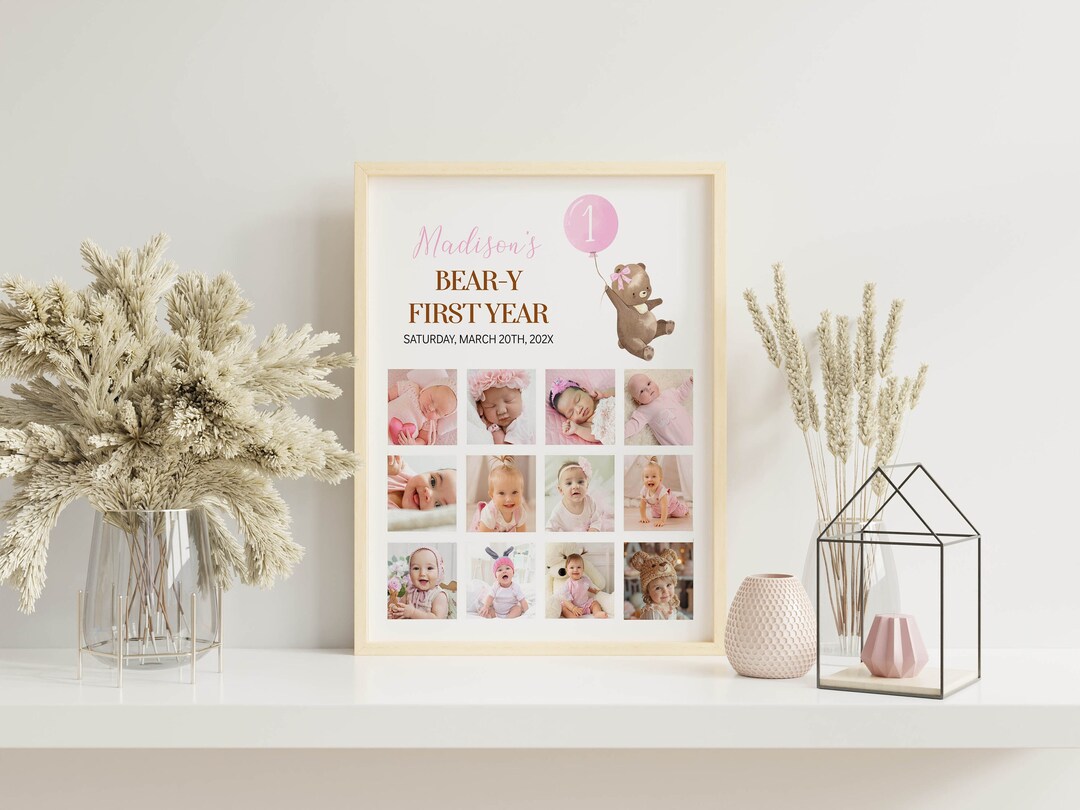 Editable Bear First Year Photo Collage, Modern Bear 12 Month Collage ...
