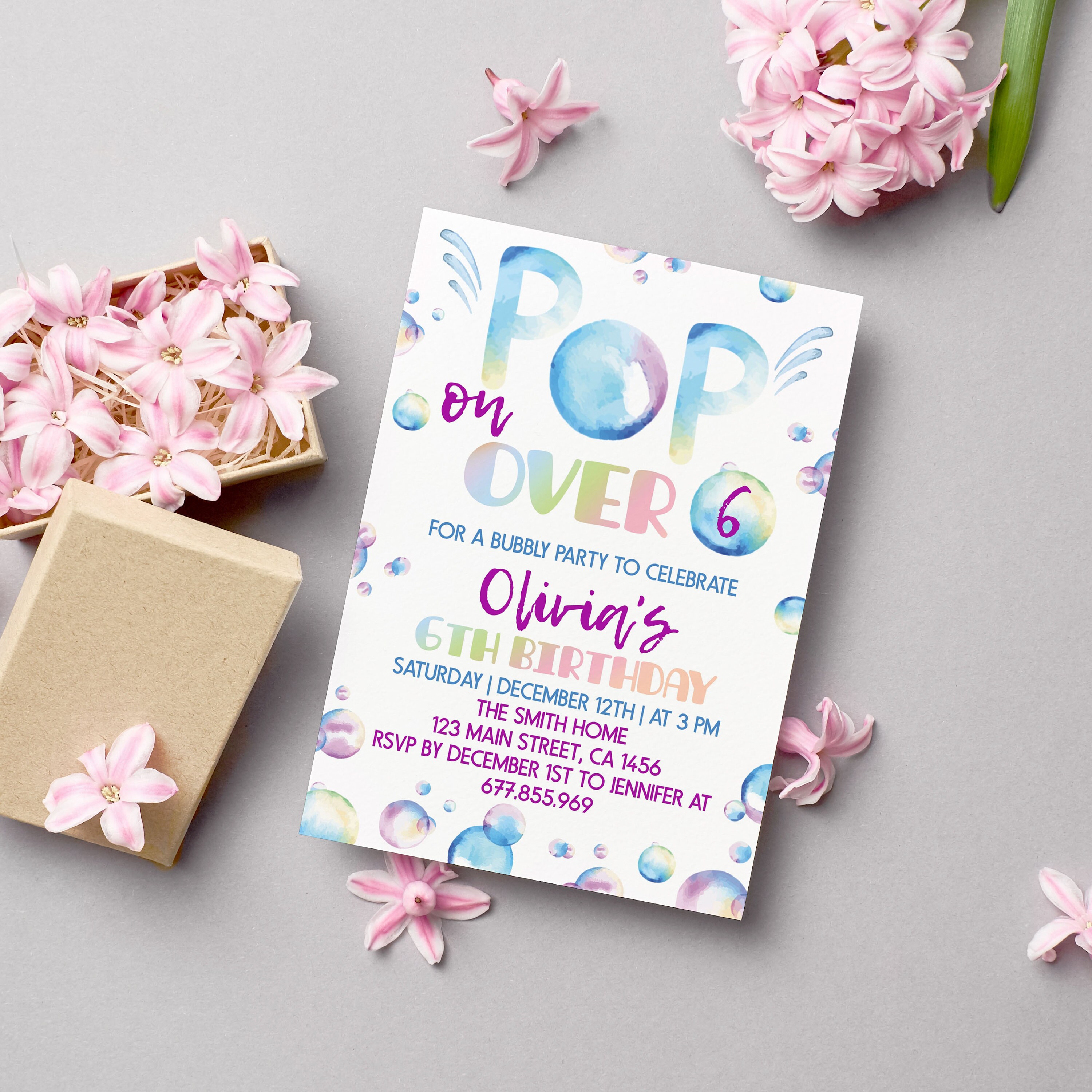 EDITABLE Bubble Birthday Invitation, Bubble Party Invite, Pop on Over ...