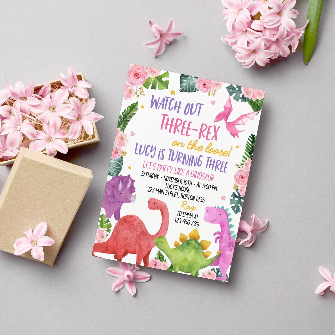 EDITABLE Dinosaur Birthday Invitation Girl, Three Rex Invitation ...