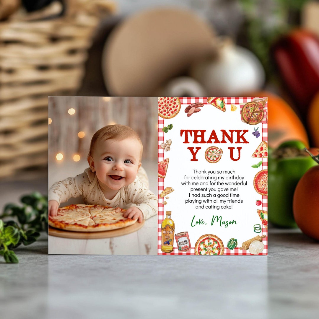 EDITABLE Pizza Birthday Thank You Card, Pizza Party Picture Thank You ...