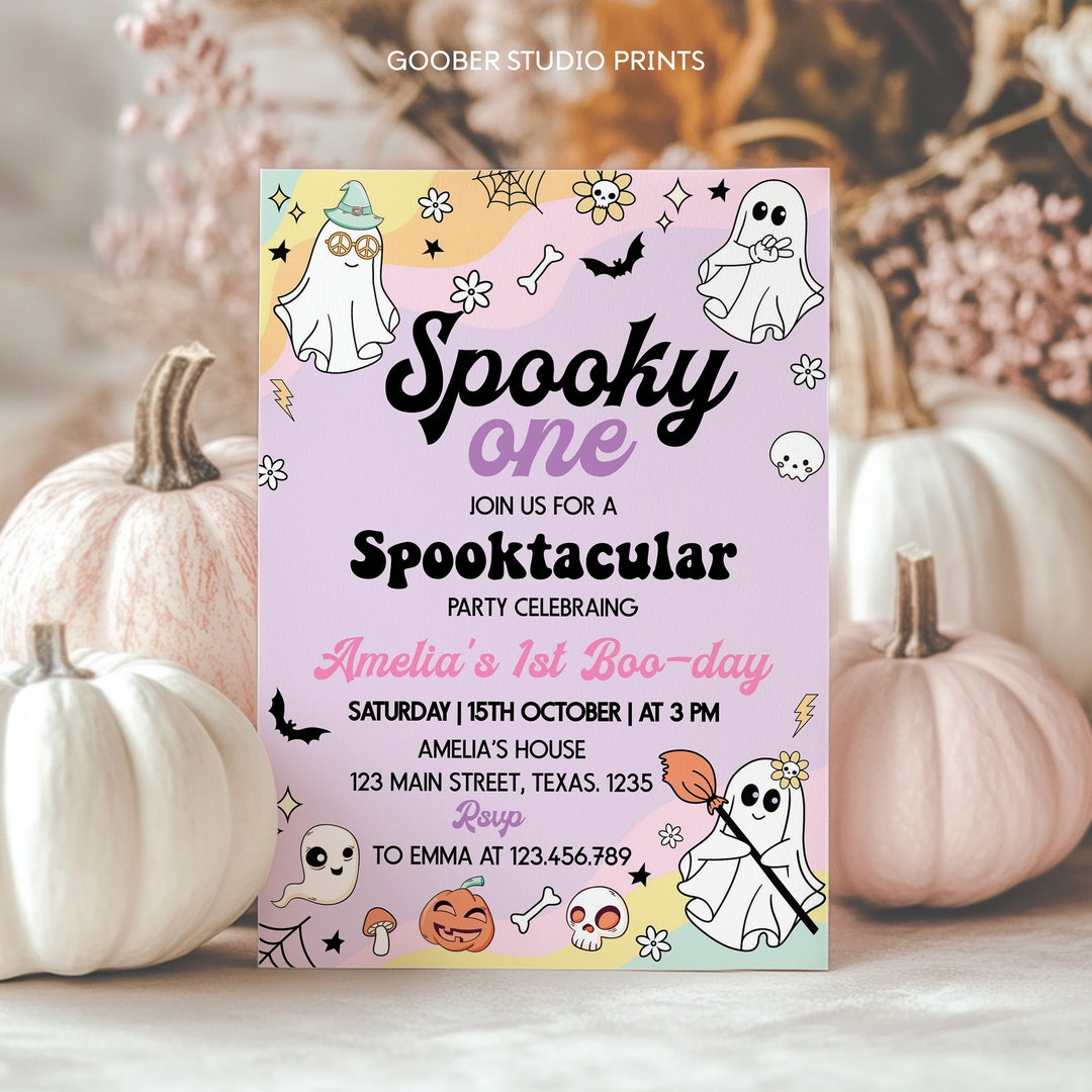 Editable Spooky One Birthday Invitation, Retro Groovy Ghost 1st ...