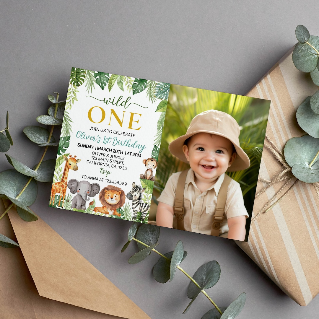 EDITABLE Safari Birthday Photo Invitation, Wild One Birthday Invite ...