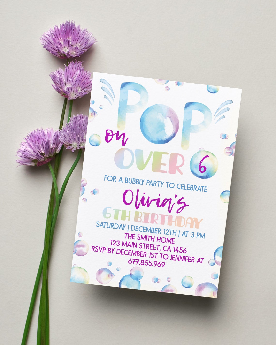 EDITABLE Bubble Birthday Invitation, Bubble Party Invite, Pop on Over ...