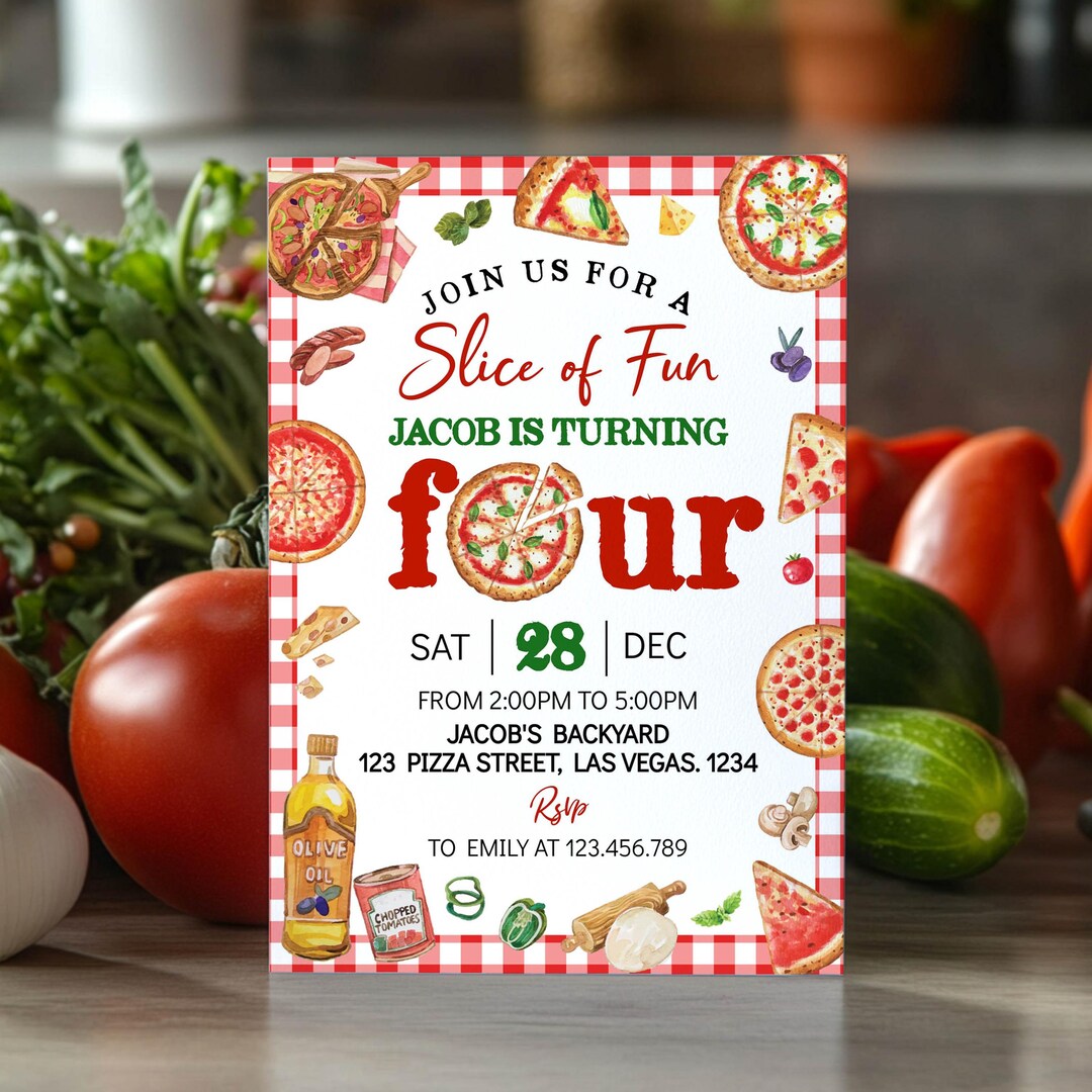 Pizza Party Birthday Invitation, Pizza 4th Birthday Invite, Kids Pizza ...