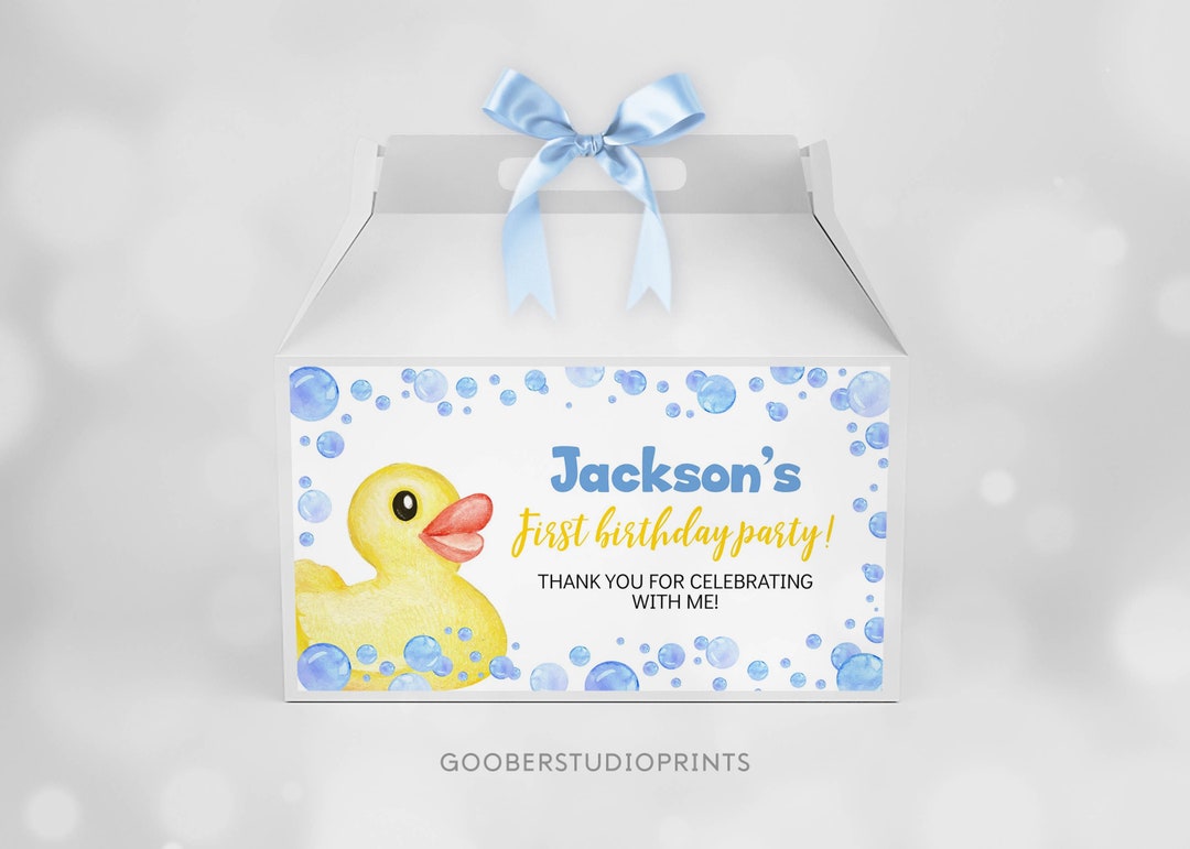 EDITABLE Rubber Duckie Gable Gift Box Label, Yellow Duck Birthday Party ...
