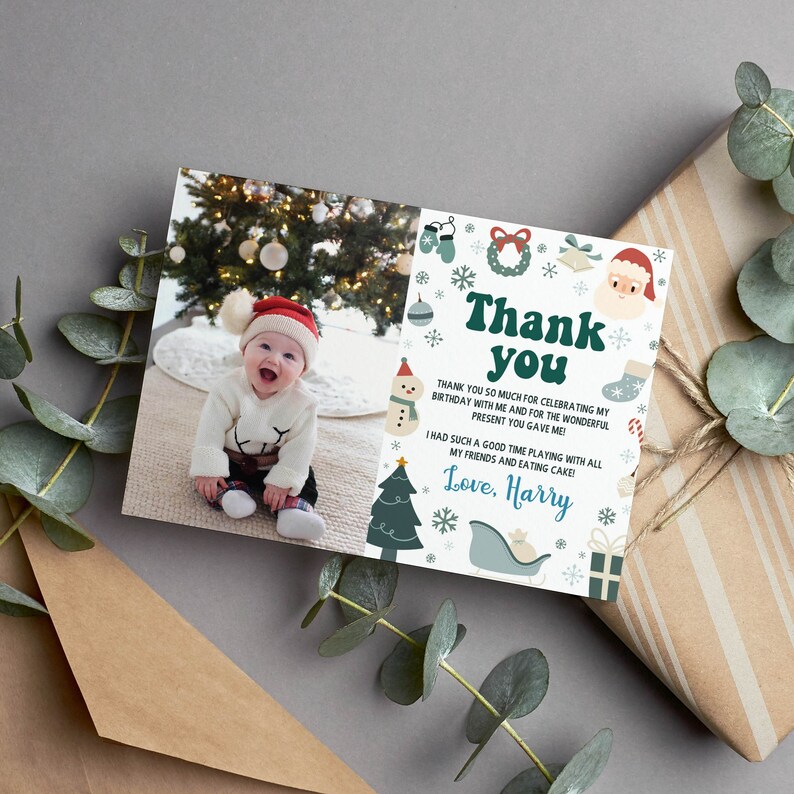 EDITABLE Christmas Birthday Party Photo Thank You Card, Winter Thank ...